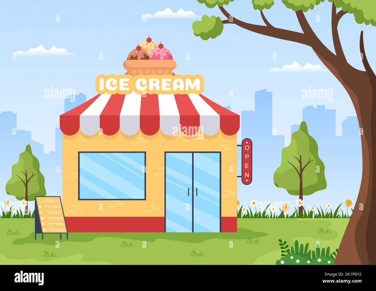 Ice Cream Store Template Hand Drawn Cartoon Flat Illustration with ...