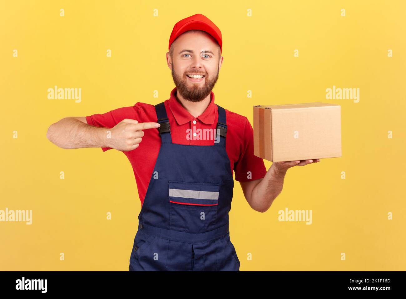 Portrait of cargo transportation, delivery service. Friendly courier ...