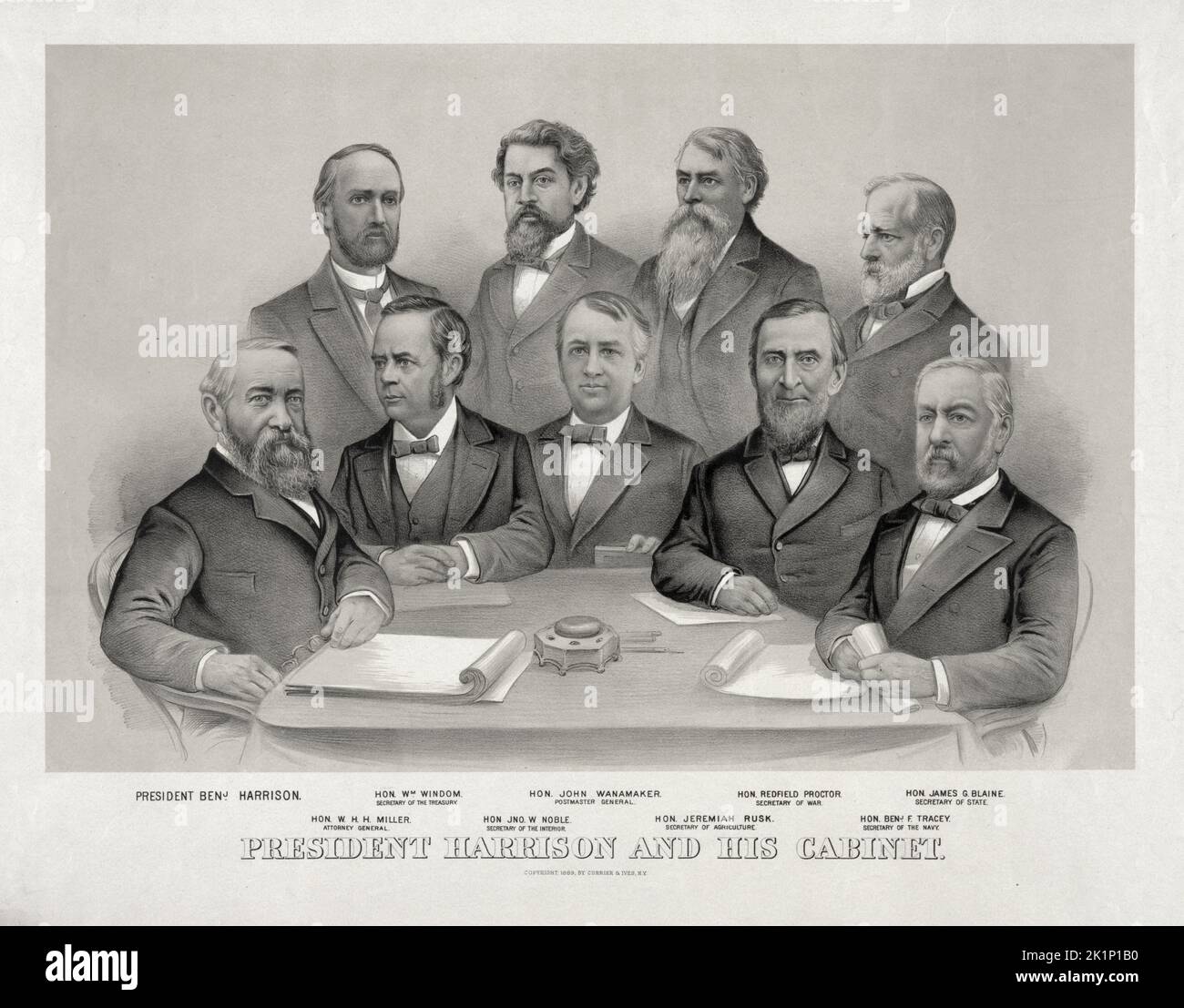An engraving of US Pesident Benjamin Harrison and his cabinet of ...