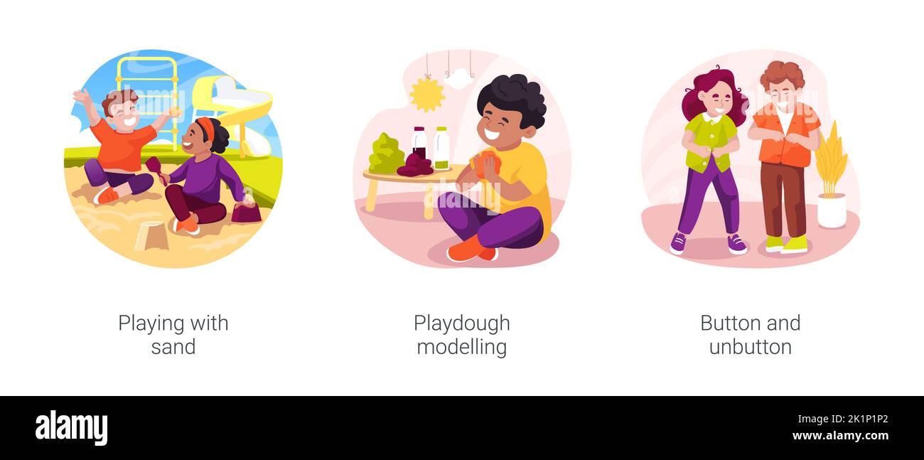 Fine motor skills in childcare isolated cartoon vector illustration set ...