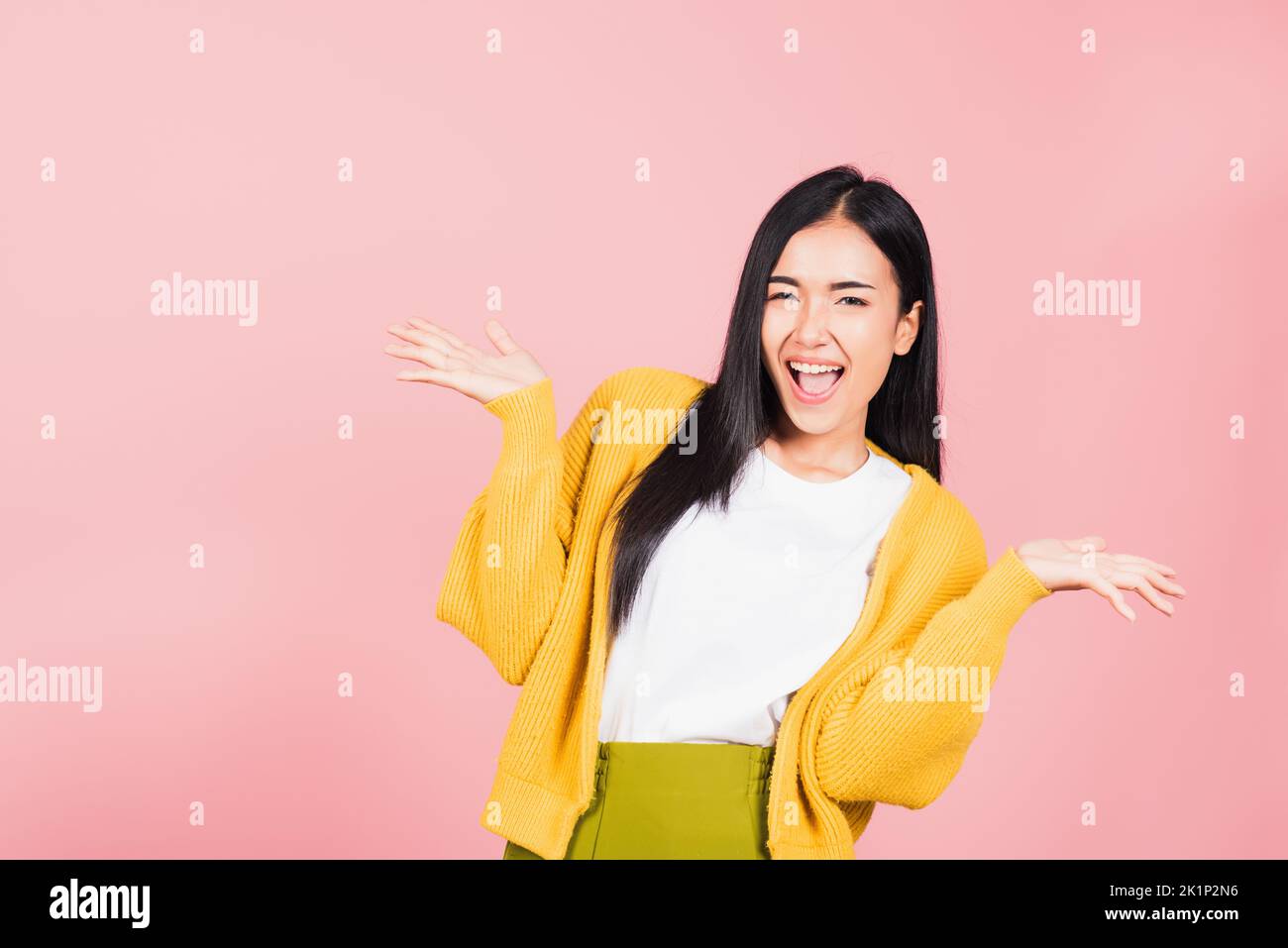 Happy Asian portrait beautiful cute young woman standing winning and ...
