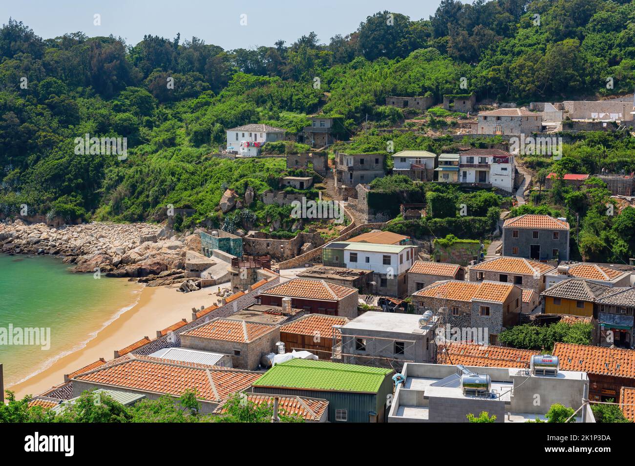 Sunny view of the Jinsha Village cityscape with beach view at Matsu ...