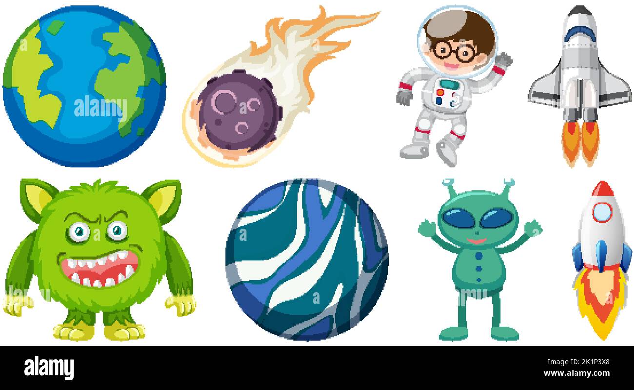 Set of space cartoon characters and objects illustration Stock Vector ...