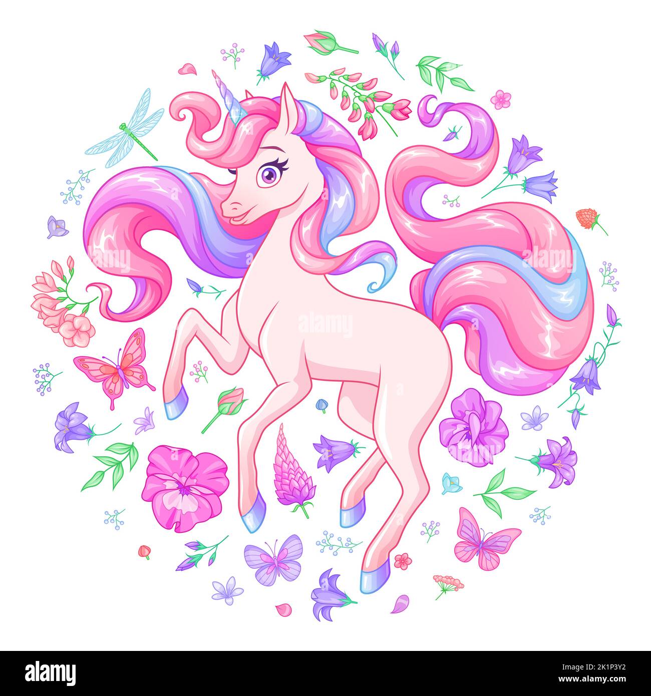 Cute pink unicorn surrounded with flowers and butterflies. Cartoon ...