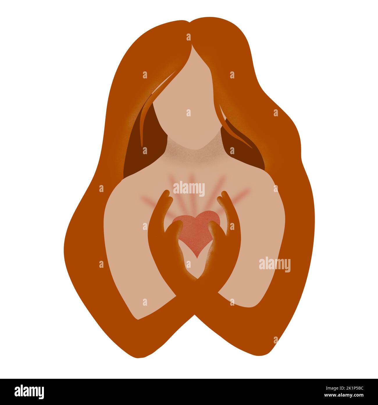 Hand drawn illustration of white red hair woman holding shining healing ...