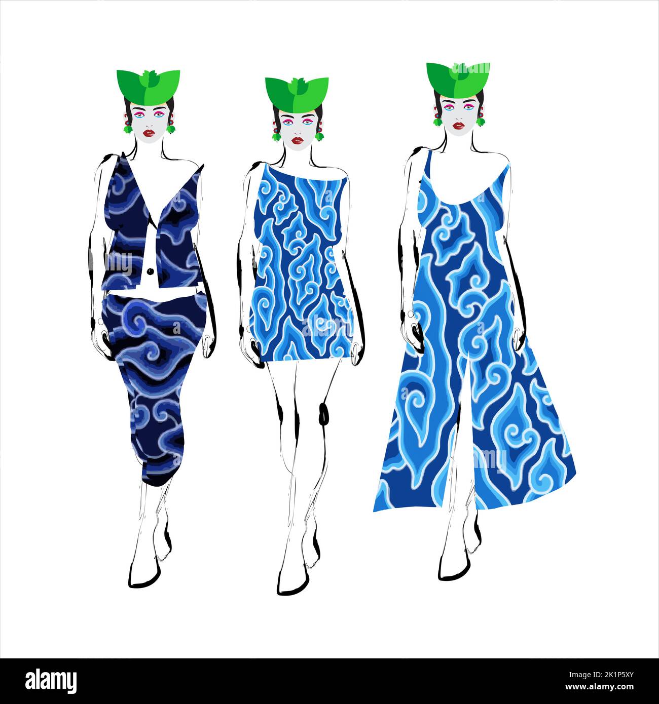 Hand sketch of a female model dressed in megomendung batik motif ...