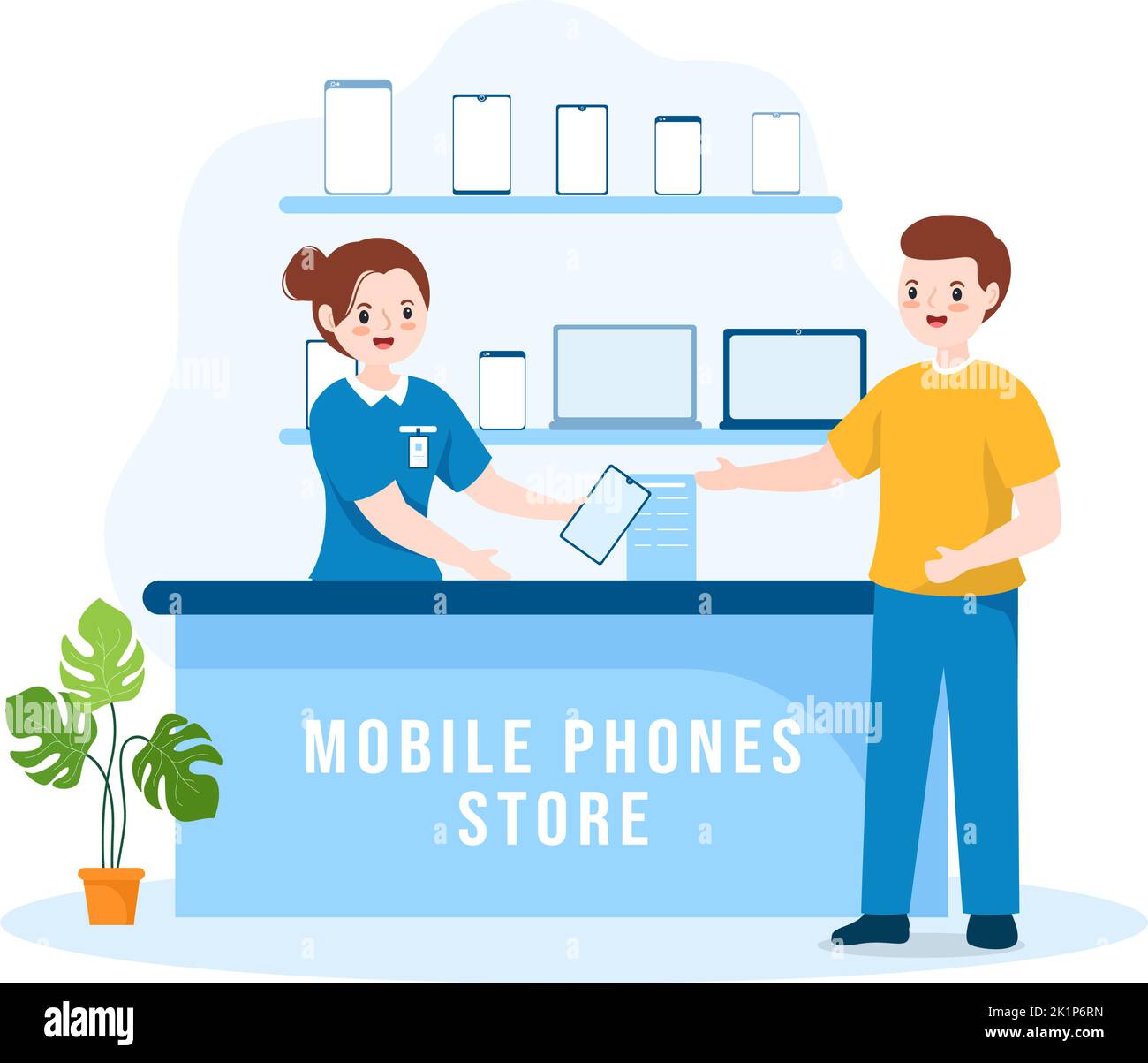 Mobile Phone Store Template Hand Drawn Cartoon Flat Illustration with Phones Models, Tablets ...