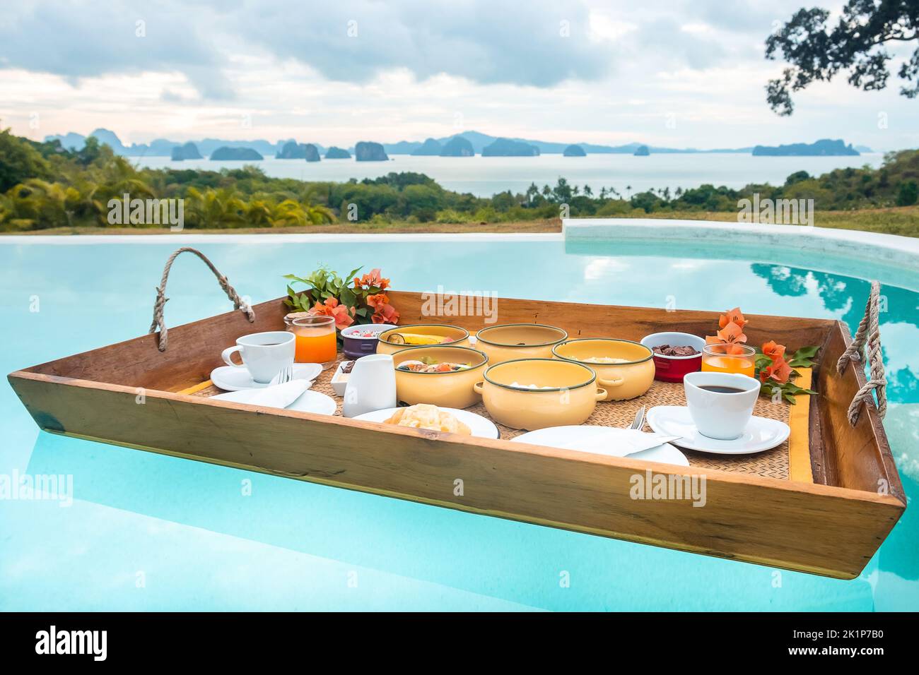 Floating Breakfast tray in swimming pool at luxury hotel or tropical ...