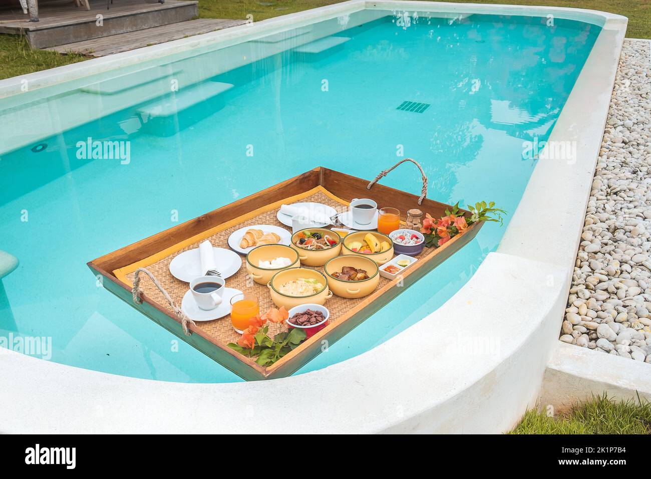 Floating Breakfast tray in swimming pool at luxury hotel or tropical ...