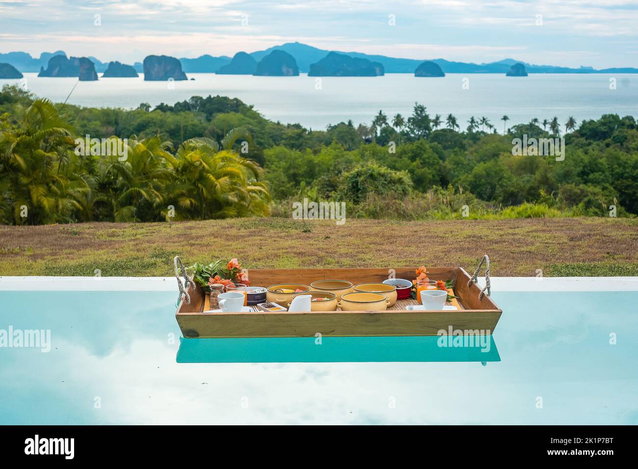Floating Breakfast tray in swimming pool at luxury hotel or tropical ...