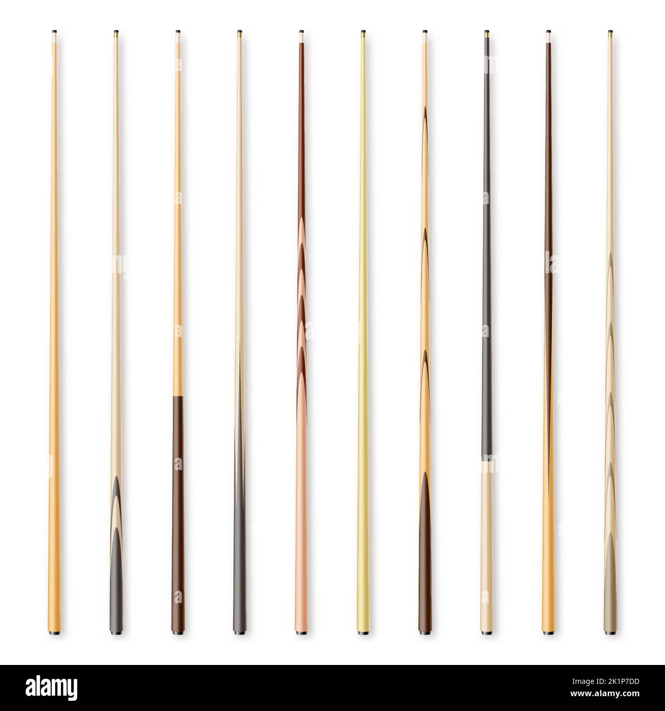 Various wooden billiard cues isolated on white background. Snooker ...