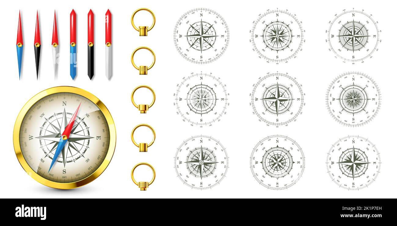 Realistic golden vintage compass with marine wind rose and cardinal ...