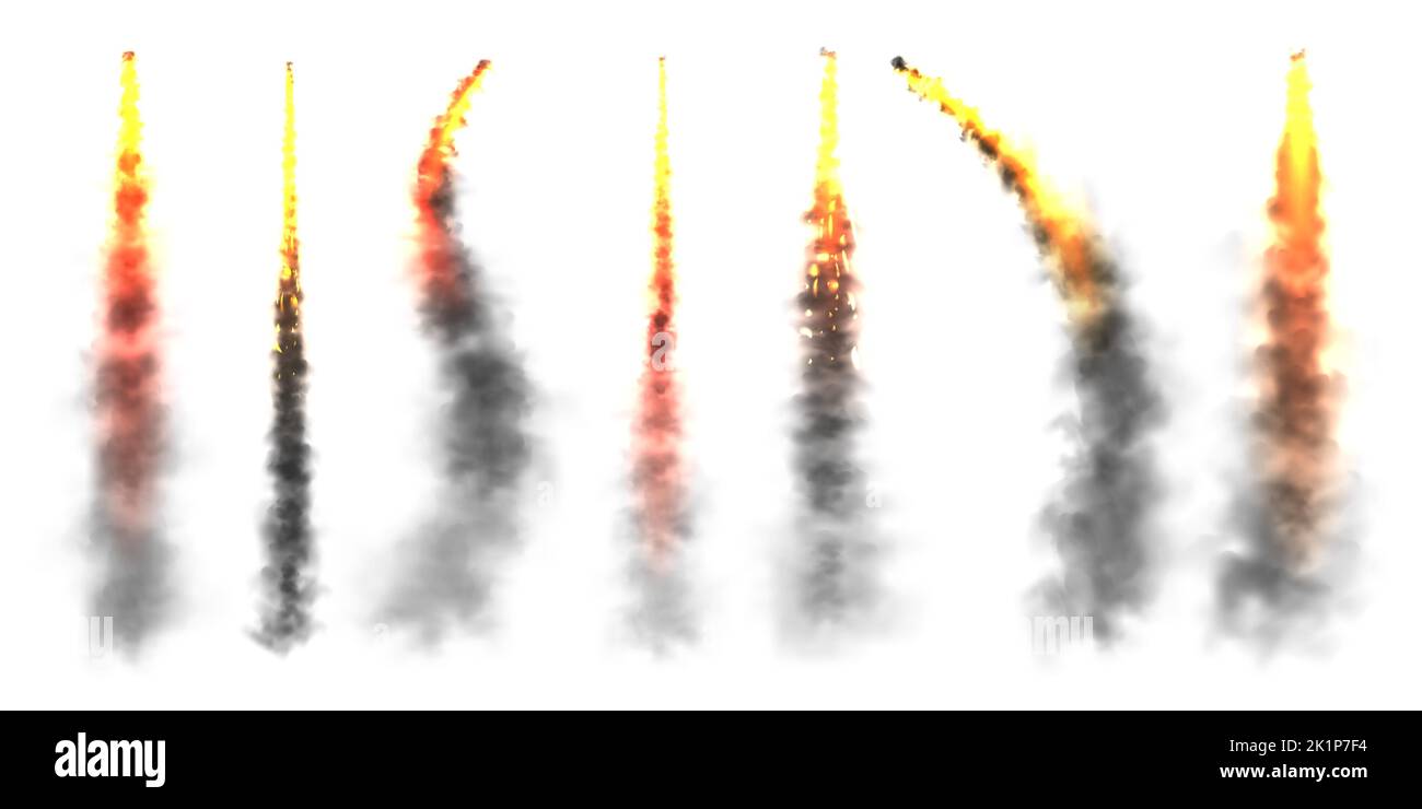 Realistic black smoke with fire, space rocket launch trails. Fire burst, explosion. Missile or ...