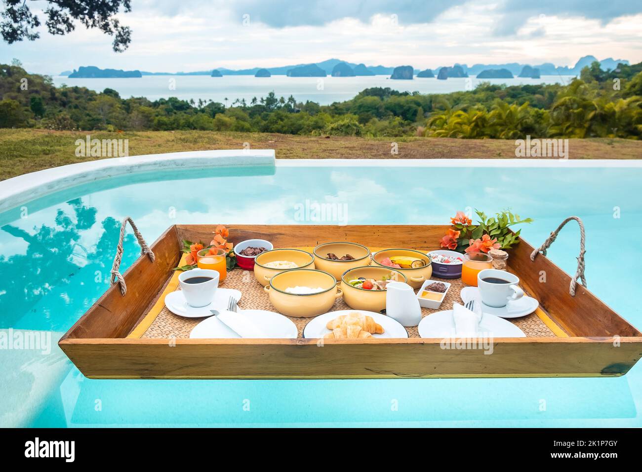 Floating Breakfast tray in swimming pool at luxury hotel or tropical ...