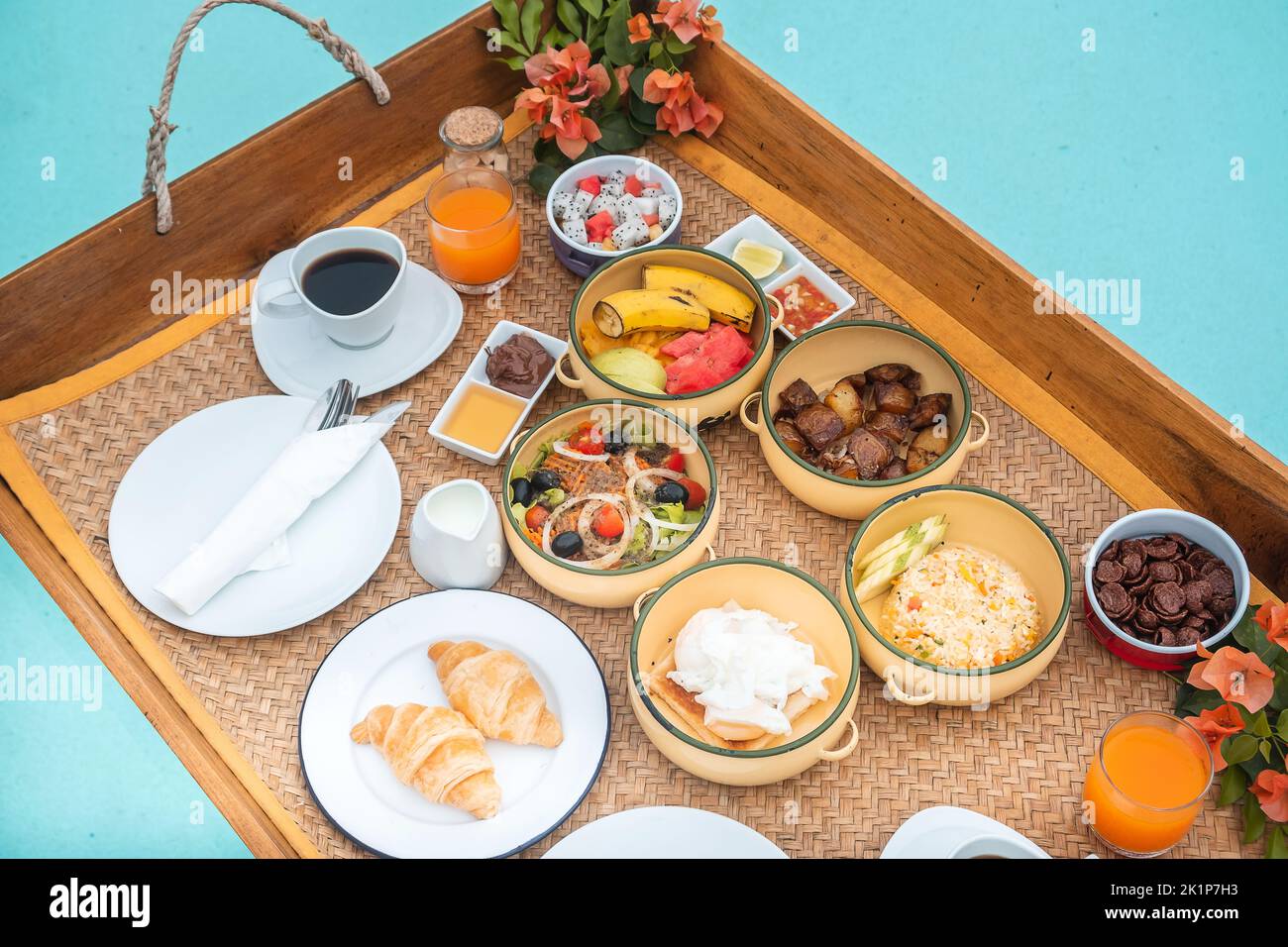 Floating Breakfast tray in swimming pool at luxury hotel or tropical ...