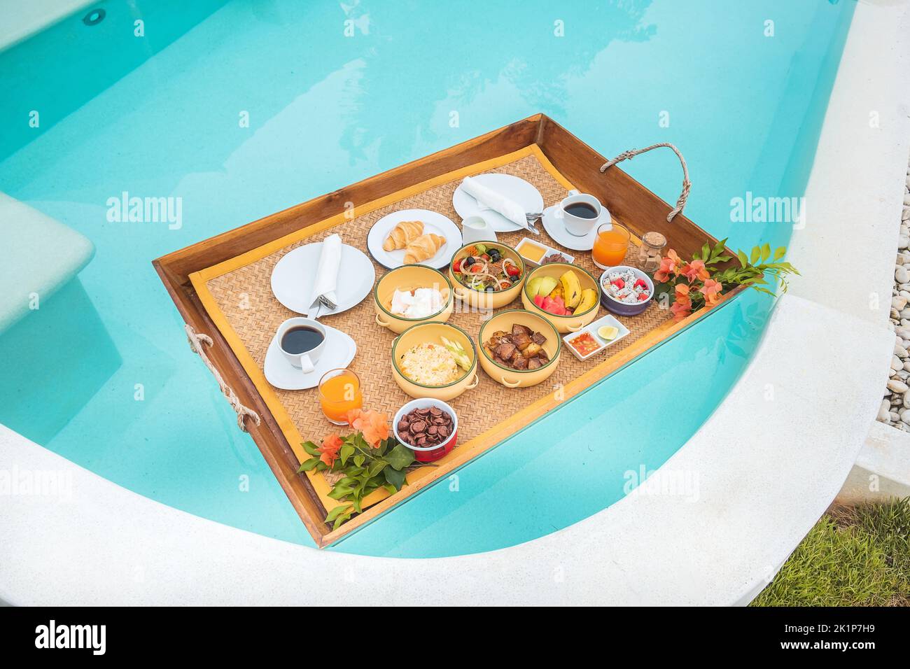 Floating Breakfast tray in swimming pool at luxury hotel or tropical ...