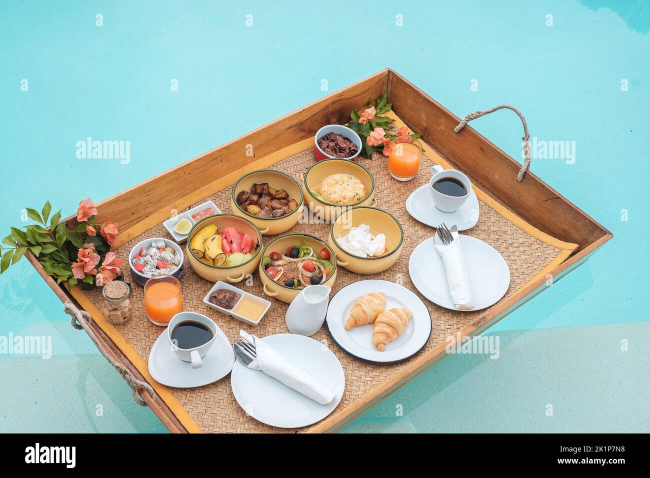 Floating Breakfast tray in swimming pool at luxury hotel or tropical ...