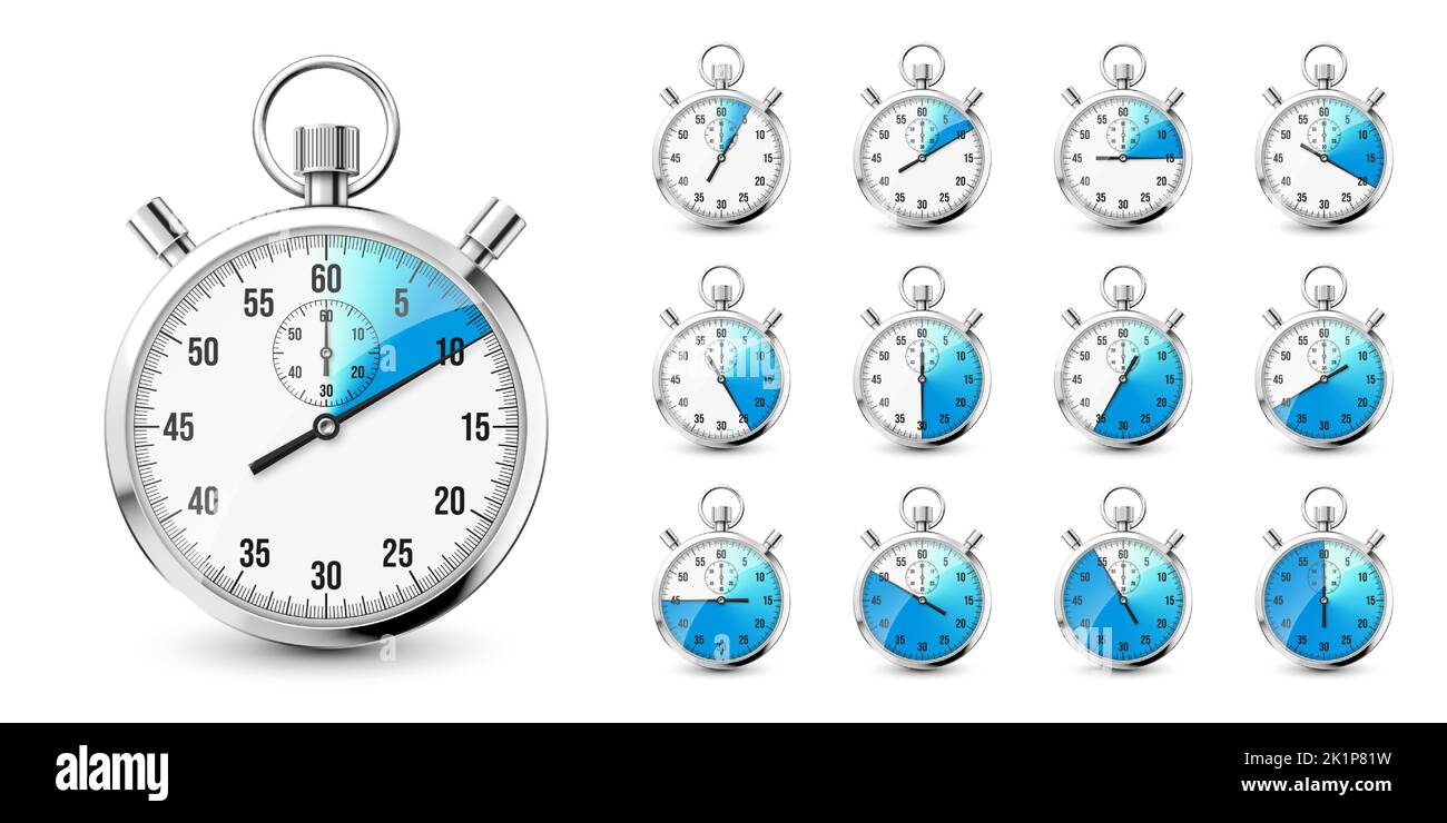 Realistic classic stopwatch icons. Shiny metal chronometer, time ...