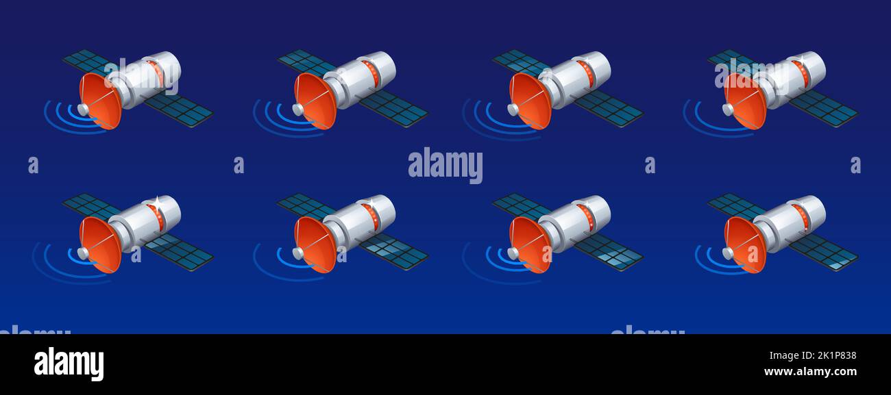 Communication satellite with antenna and abstract signal waves. Telecommunication or gps system ...