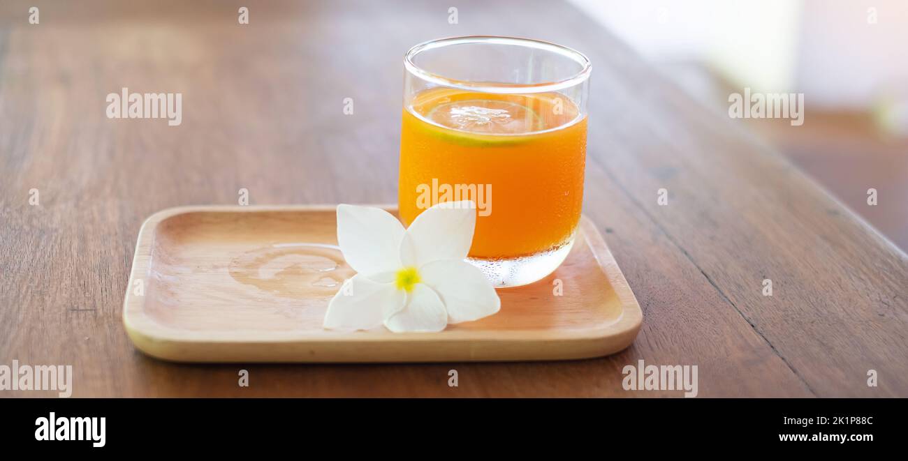 Fresh ice Orange juice in the luxury hotel, welcome drink for guests ...
