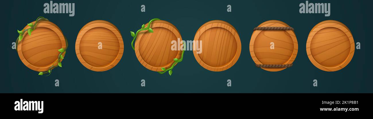 Game wooden buttons or user avatar frames with jungle vines and ropes ...