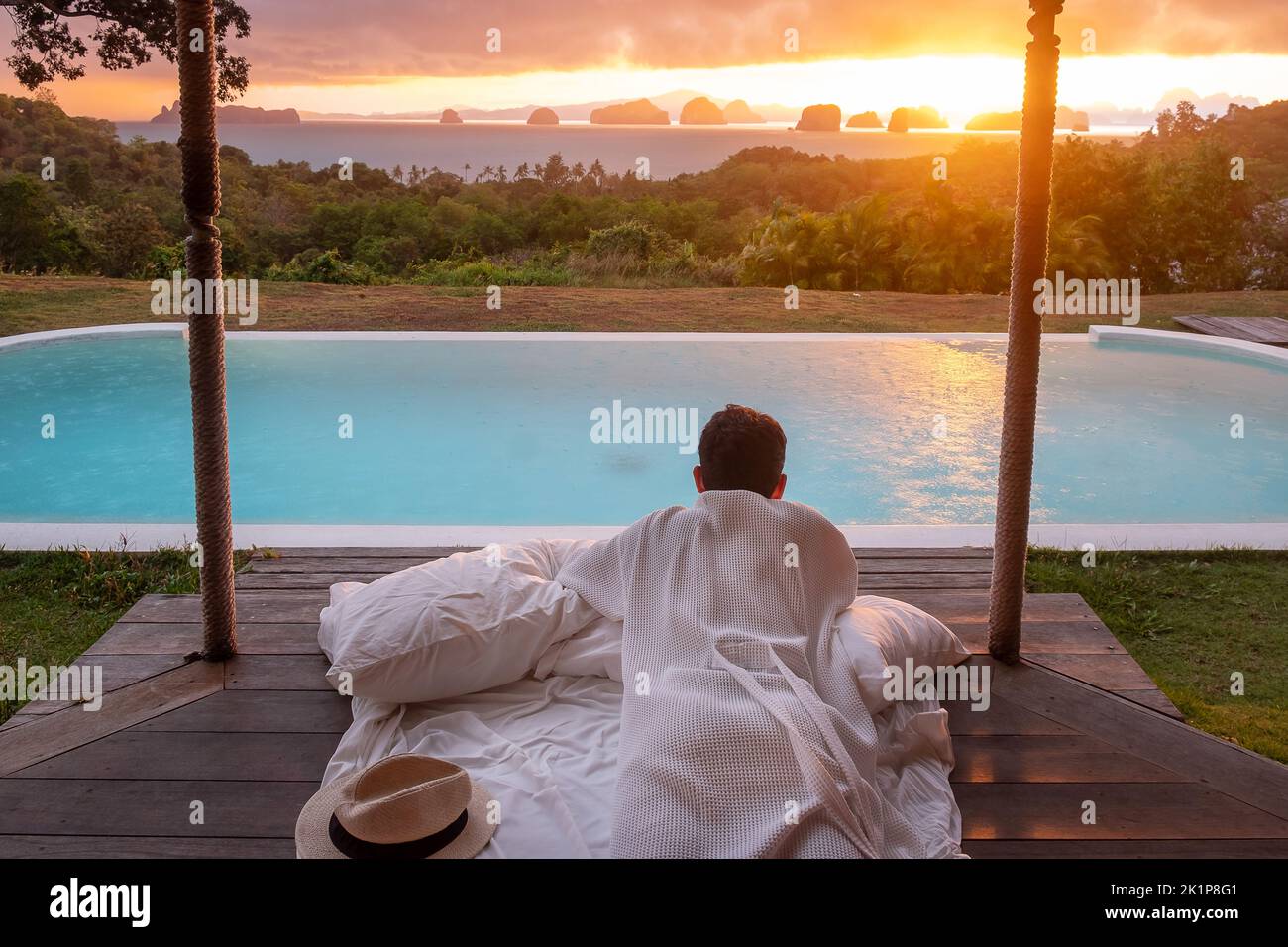 Happy man traveler enjoy Beautiful ocean view, Tourist relaxing in ...