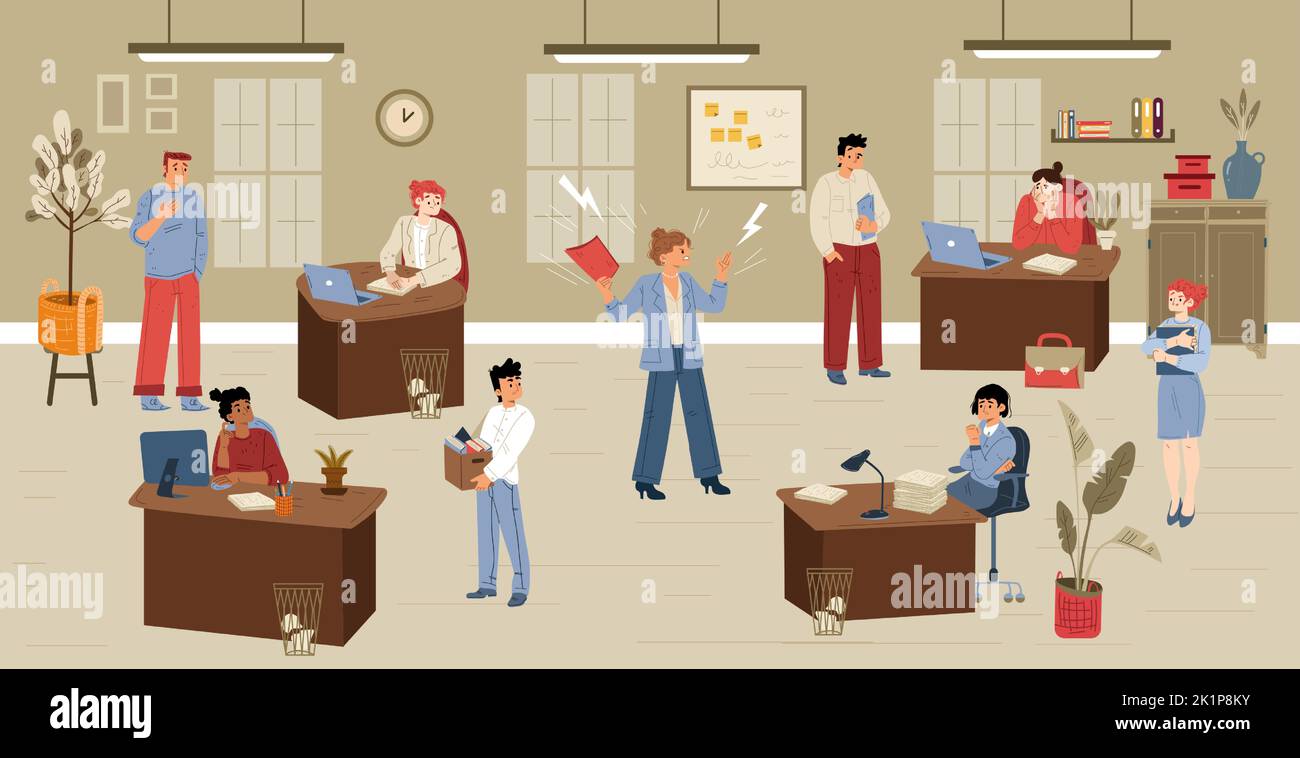 Angry boss shout on employees in office. Woman manager scold people on ...