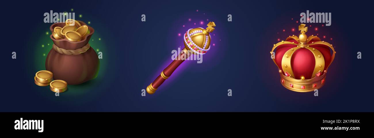 Game golden coins, scepter and royal crown props icons. Medieval money ...