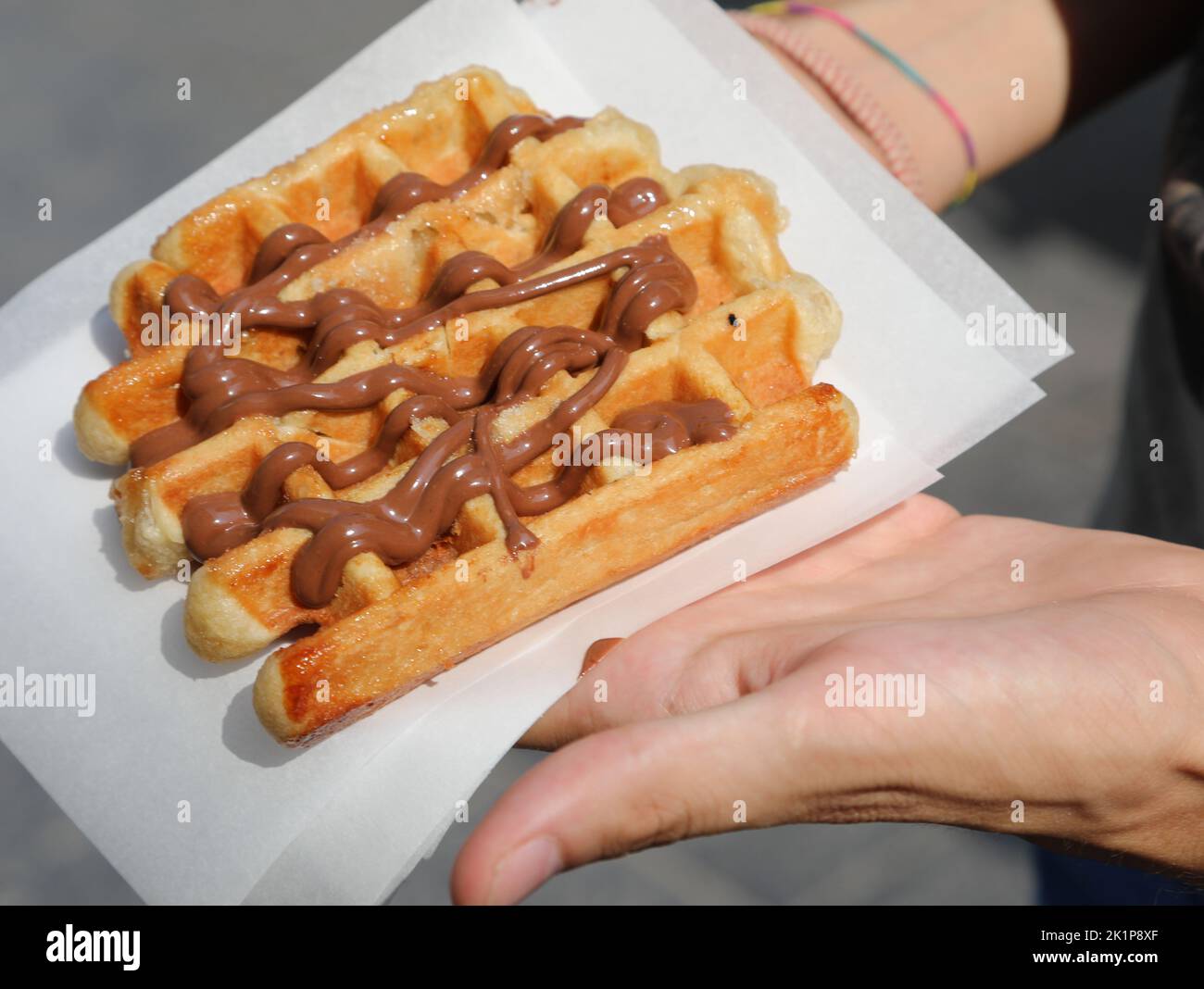 waffle the typical Belgian dessert with hazelnut cream garnish on the ...