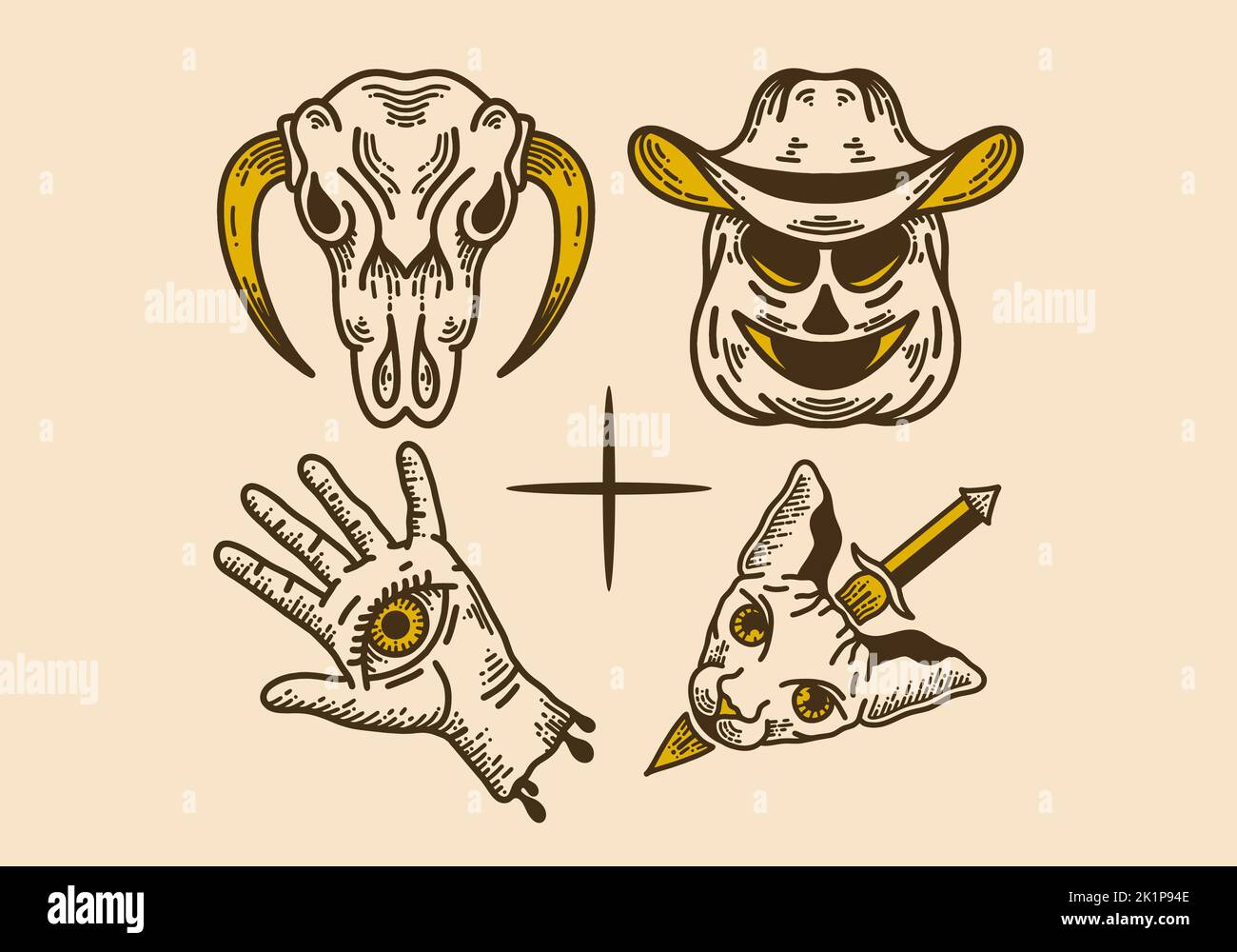 Scary artwork set vintage retro line art design Stock Vector Image ...