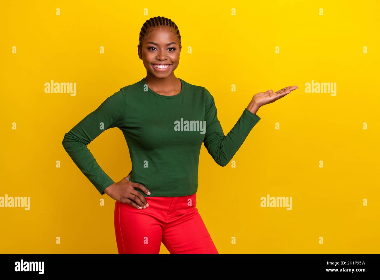 Photo of charming cute young lady dressed green shirt inviting arm come ...