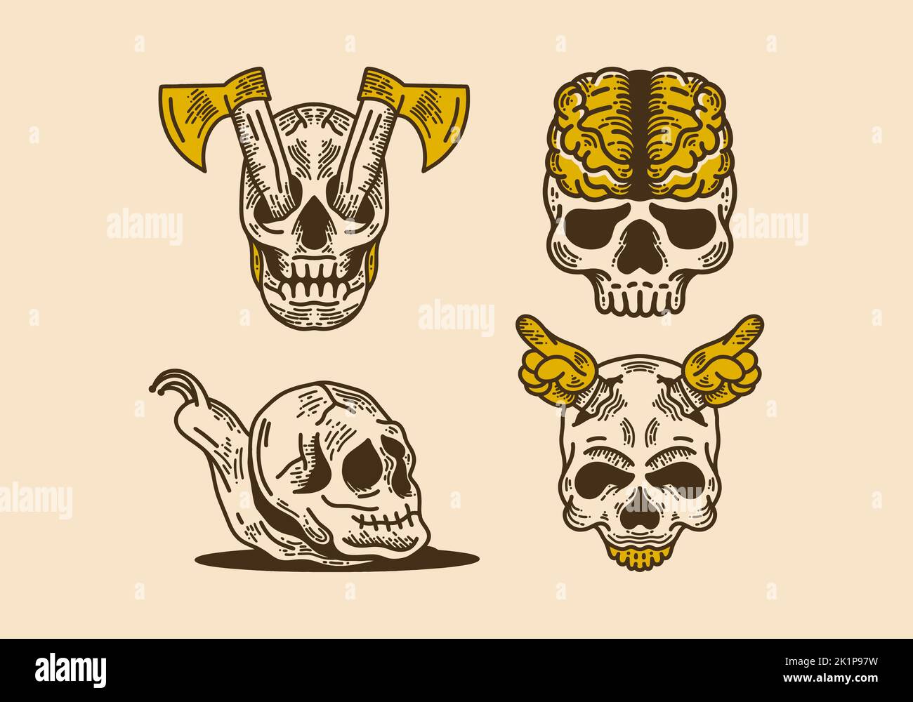 Skull artwork set vintage retro line art design Stock Vector Image ...