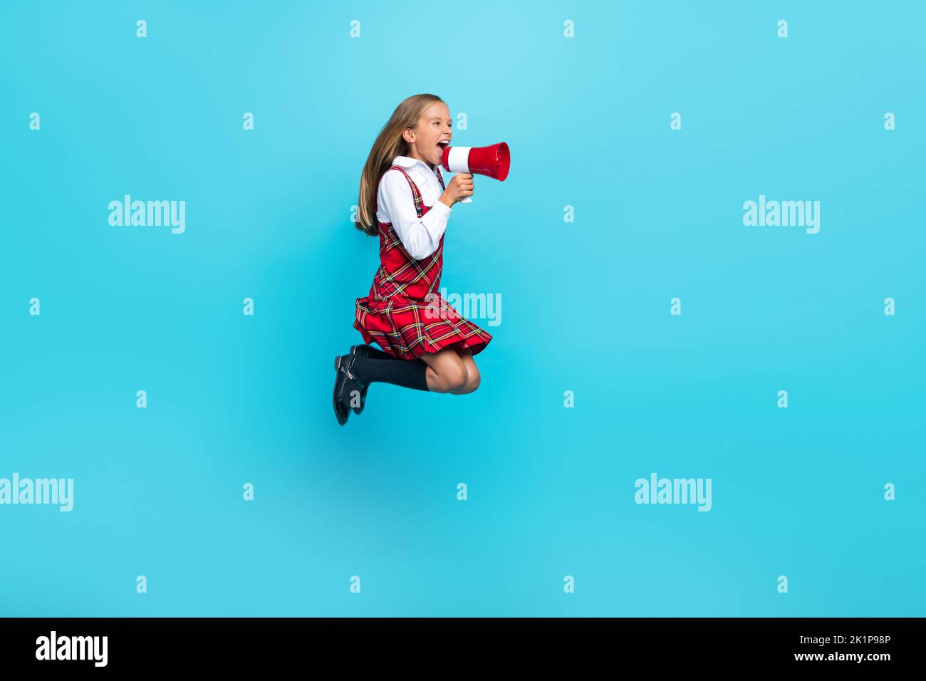 Full length portrait of crazy small person jump arm hold loudspeaker ...