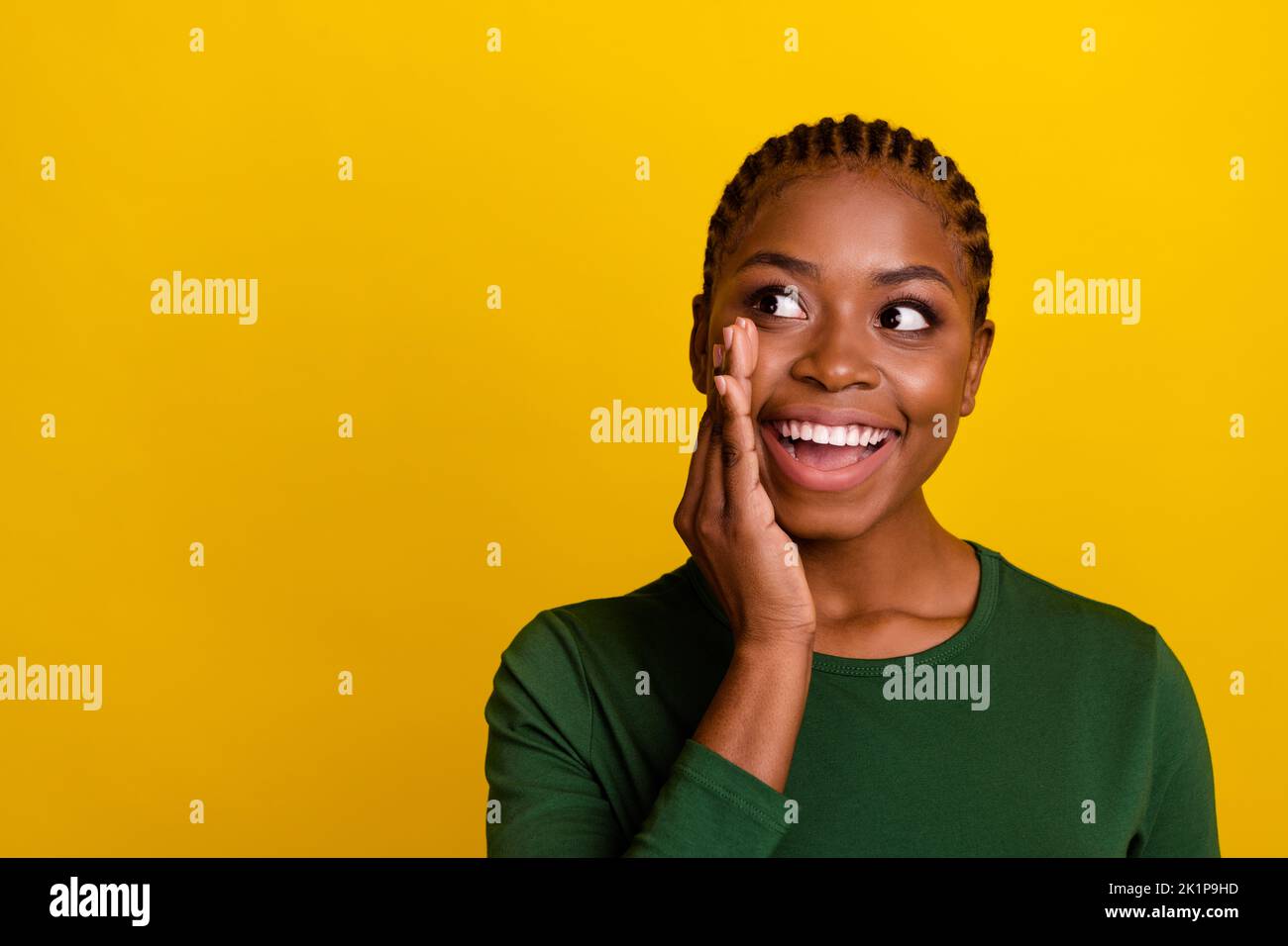 Photo of dreamy funny lady dressed green shirt arm mouth looking empty ...