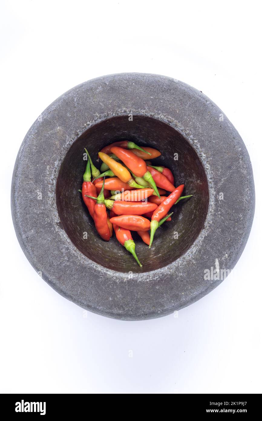 Mortar and chili isolated on white background.polished mortar.top view ...