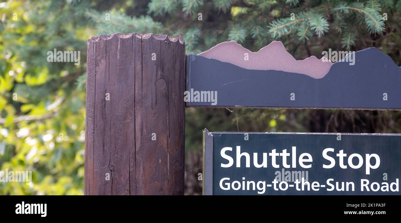 Glacier National Park, Montana, USA - 8.2022 - Shuttle service sign on ...