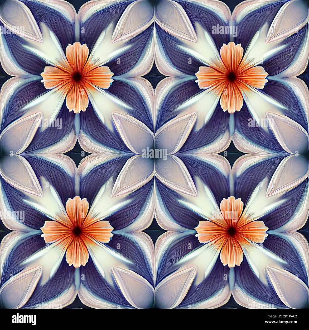 Seamless repeating pattern drawing in blue with orange accents, flower ...