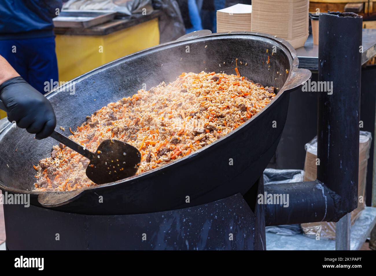 Free refreshments for all interested. Street food with steam.Texture of ...