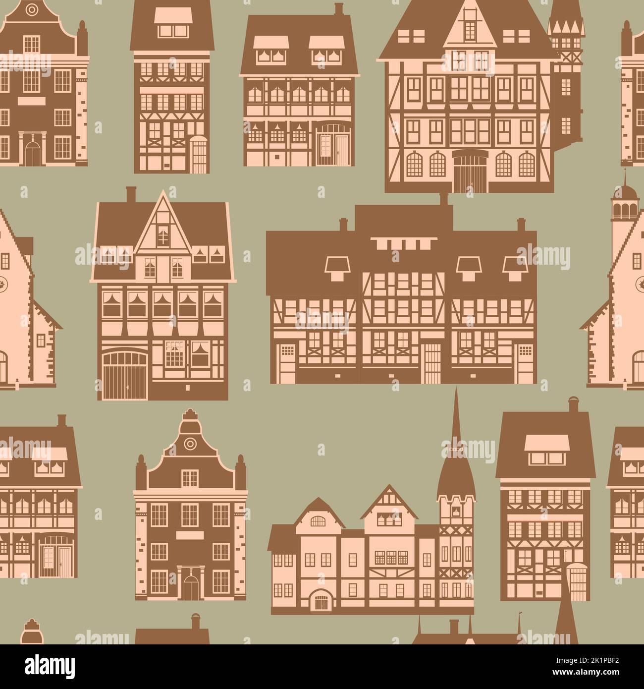 Seamless pattern medieaval old city, flat style. Autumn landscape city ...