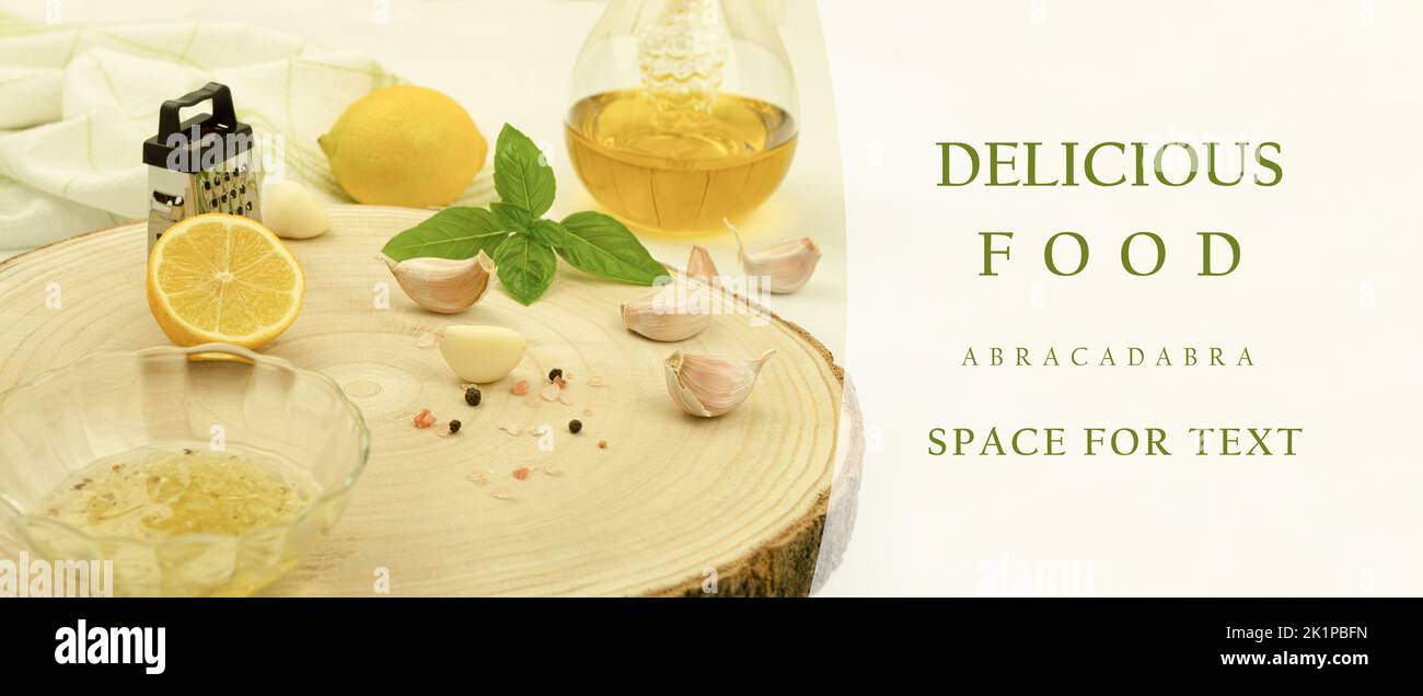 Fresh garlic and spices, sauce preparation process. Background with ...