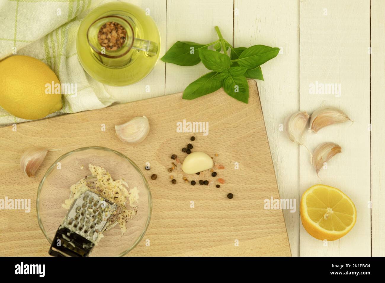 Garlic sauce, cooking process, top view. copy space. Ingredients for ...