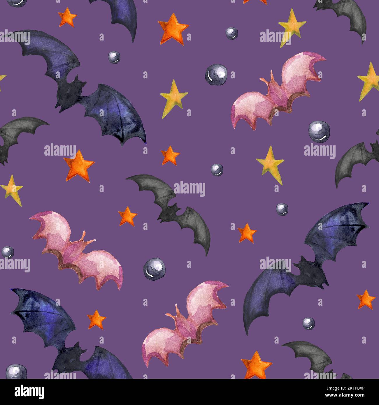 Halloween seamless pattern design with bats and stars. Watercolor hand ...