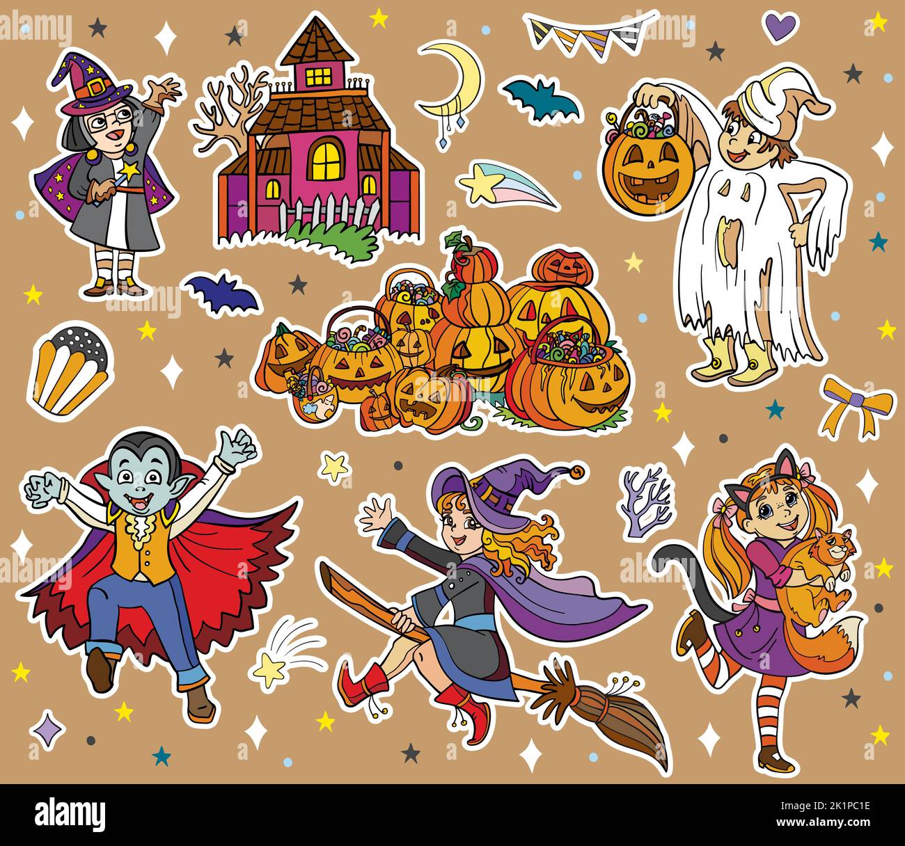 Halloween characters and elements sticker set. Witch, vampire, ghost ...