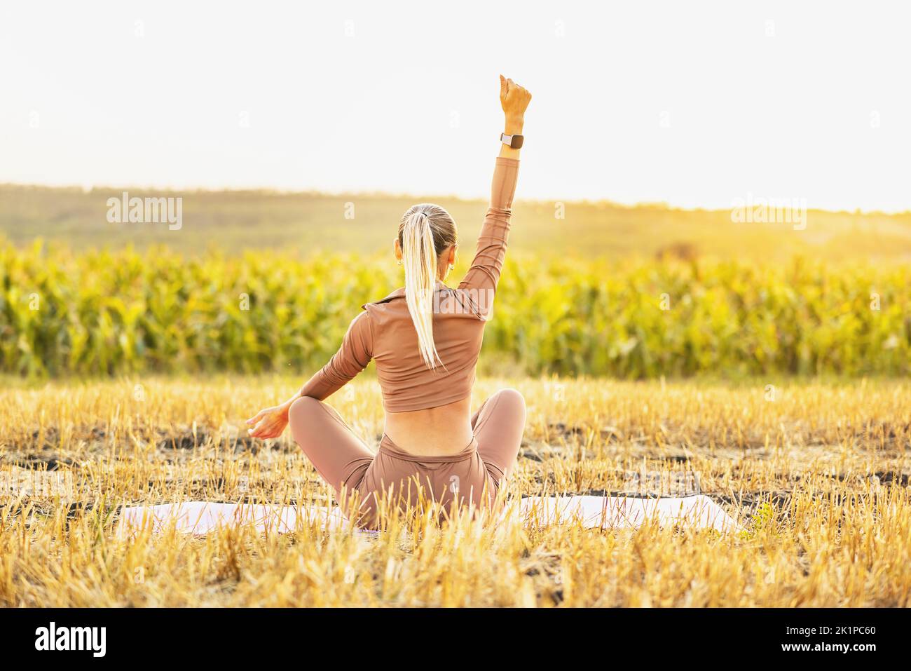 Yoga meditation wellness woman meditating on morning sunrise nature ...