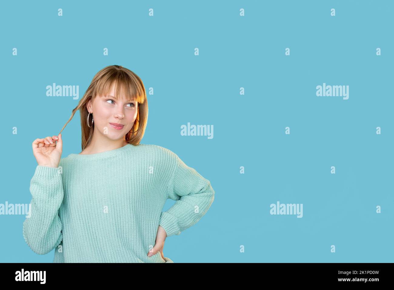 Shy woman. Advertising background. Daydreaming lifestyle. Portrait of ...