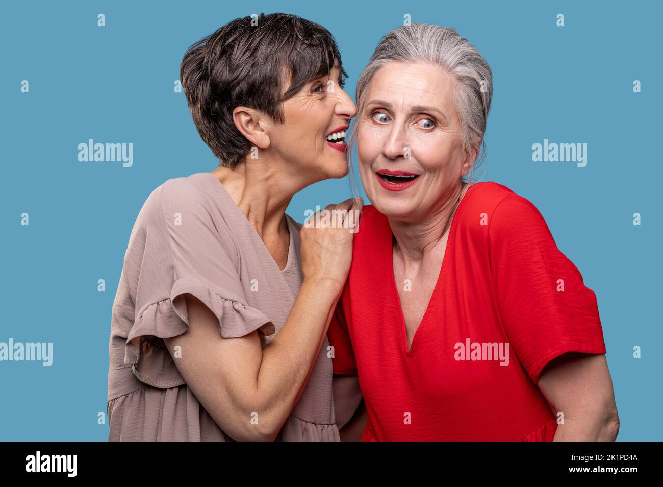 Cute dark-haired woman whispering something to her friends ear Stock ...