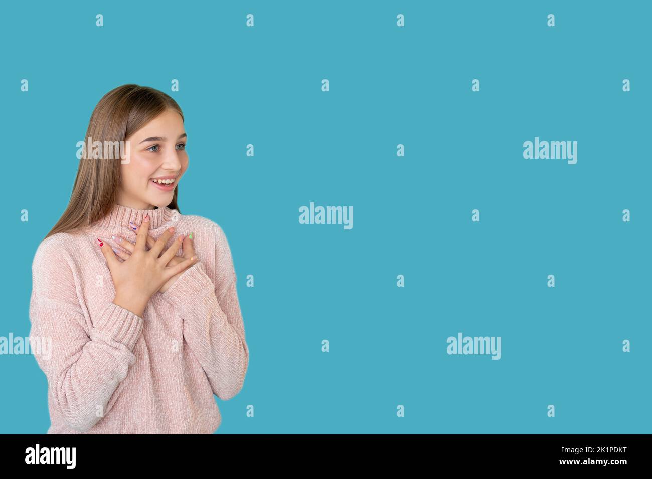 Impressed girl. Advertising background. Holiday surprise. Special offer ...