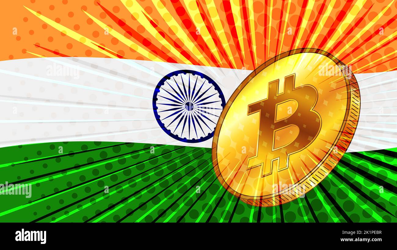 Gold coin of bitcoin on background of Indian flag. Banner for news ... Gold coin of bitcoin on background of Indian flag. Banner for news ...