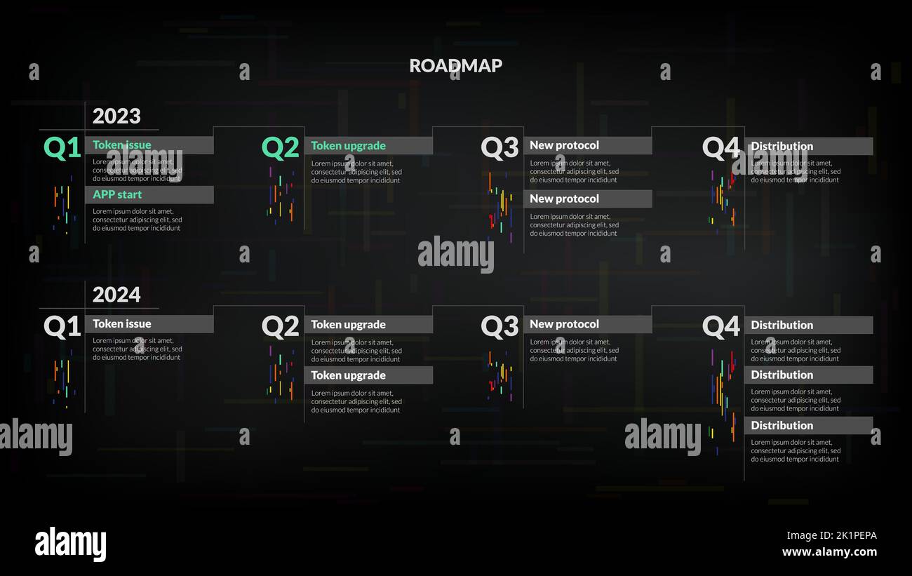 Roadmap with quarterly sections on dark background. Infographic ...