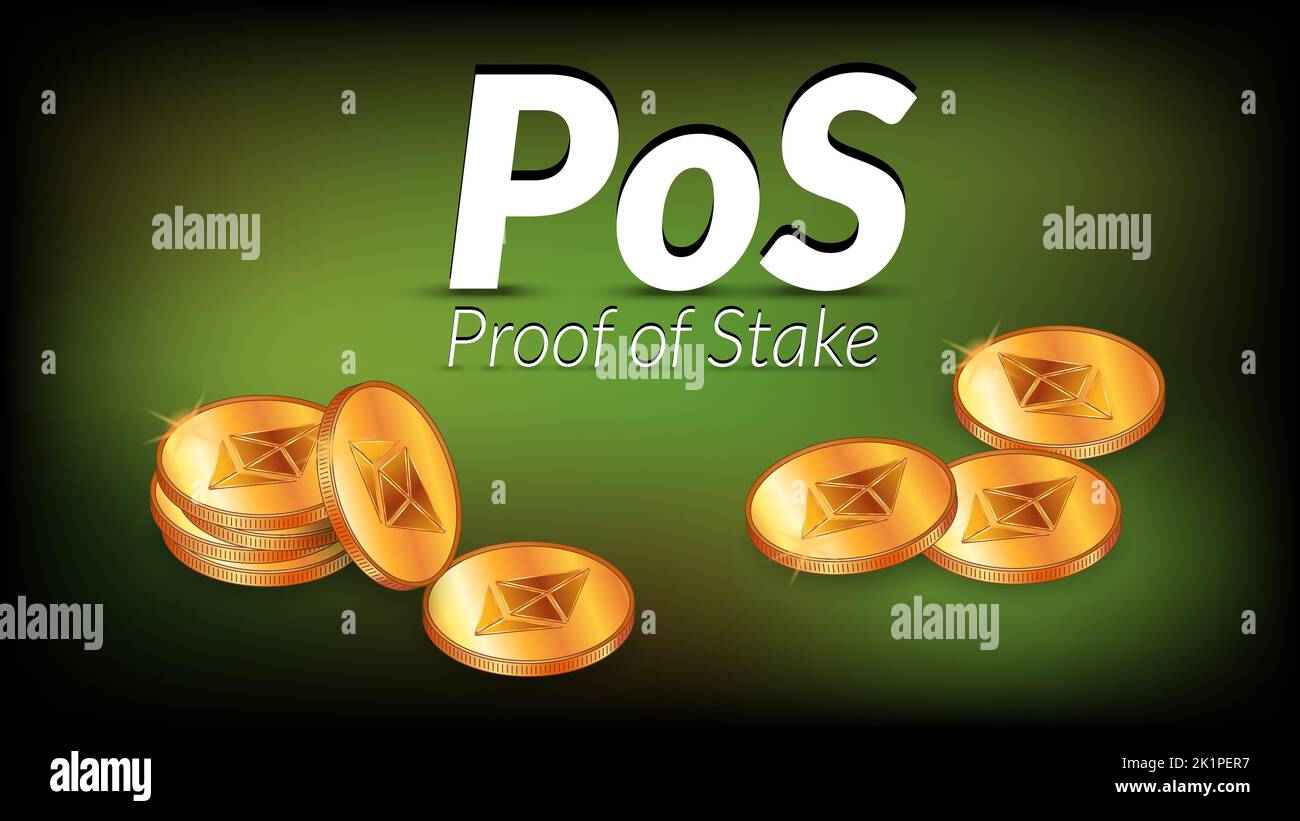 White text PoS Proof of Stake with isometric stacks of Ethereum ETH ...